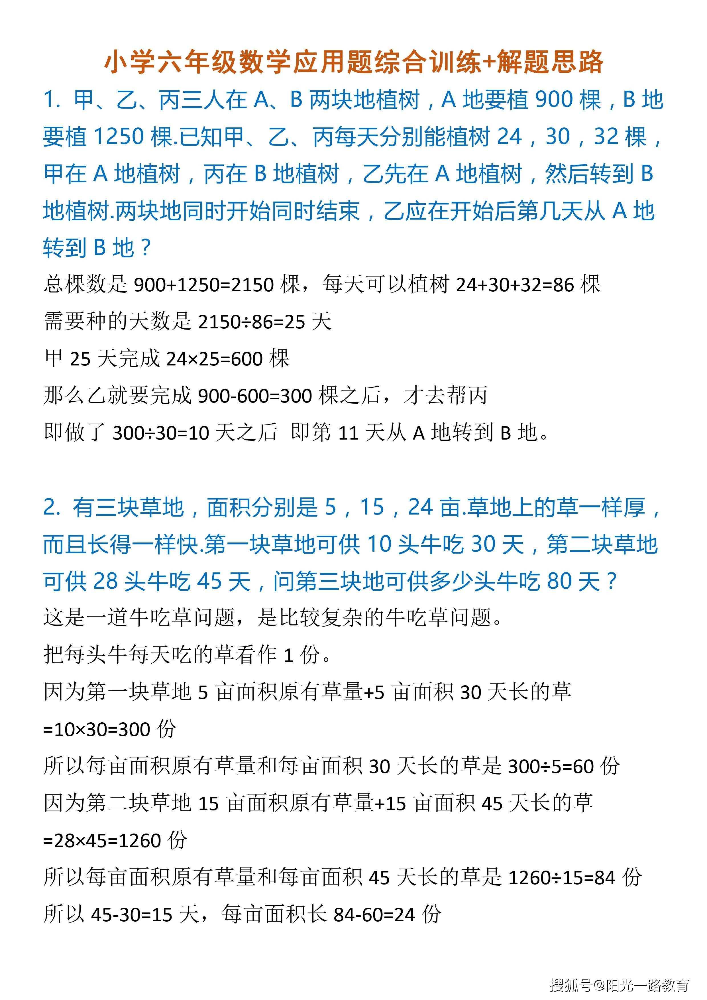 【小学六年级】数学应用题综合训练 解题思路 搜狐大视野 搜狐新闻