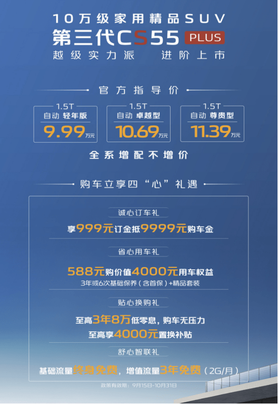长安第三代CS55PLUS上市，售价9.99-11.39万元，搭载1.5T+7DCT_搜狐汽车_搜狐网