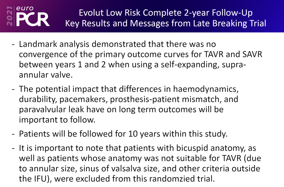 EuroPCR 2021｜Evolut Low Risk研究2年随访结果公布，TAVR在外科手术低危患者中的应用再下一城_瓣膜