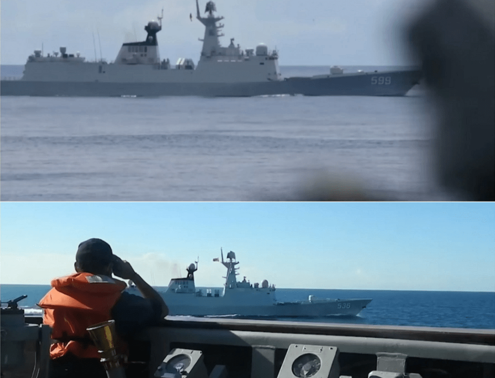台军首次公布解放军军舰对峙画面：两舰仅距24米，054A竖起大炮导弹_进行_视频_战舰