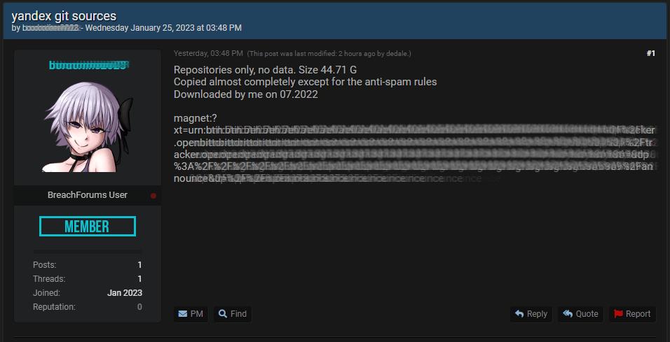 Yandex被前雇员泄露44.7GB源代码_git_服务_黑客
