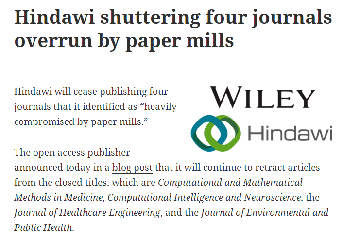 突发！这家著名学术出版商直接关闭了旗下四本期刊！_Hindawi_Wiley_影响