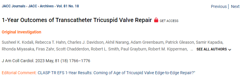 探索｜经导管三尖瓣修复术后1年临床结局——CLASP TR研究_患者_治疗_相关