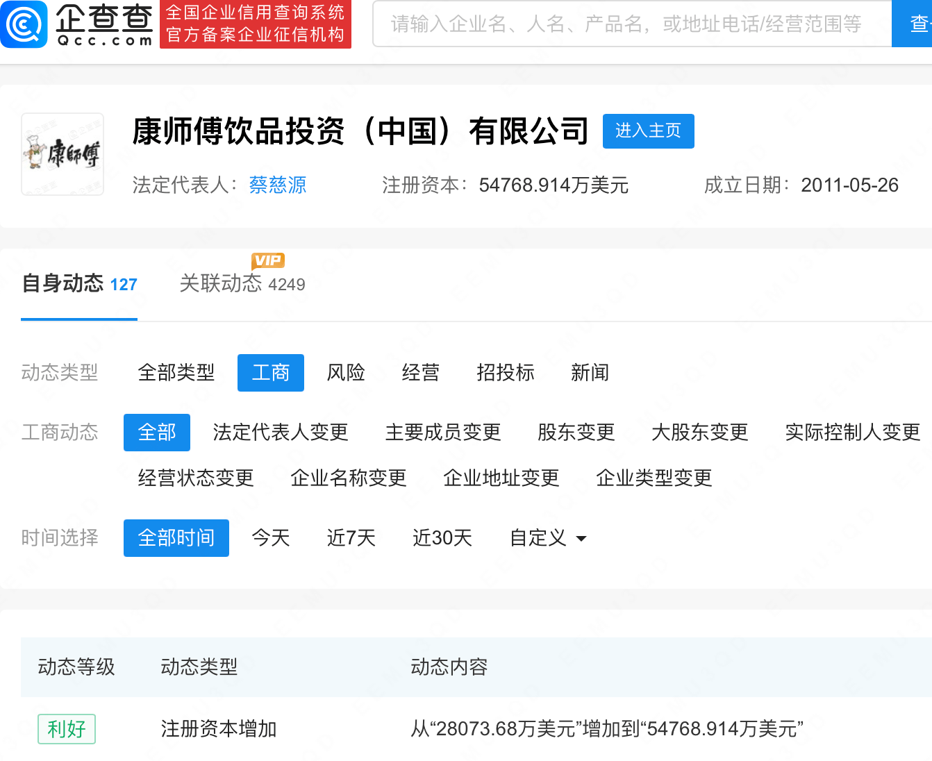 康师傅饮品投资公司增资至5.48亿美元_显示_信息_工商