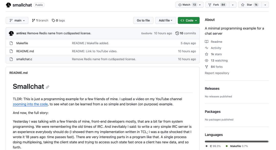 Redis创始人用C语言编写最小聊天服务器，核心代码仅300行_编程_GitHub_示例